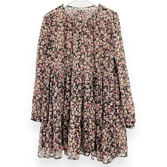 Zara | Dresses | Zara Black Floral Print Tiered Partial Button Up Sheer ...